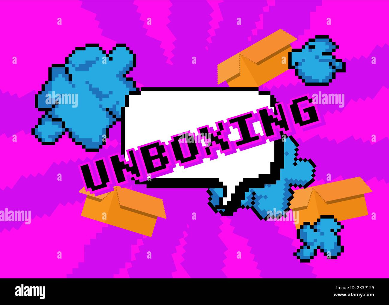 Unboxing. Pixelated word with geometric graphic background. Vector ...
