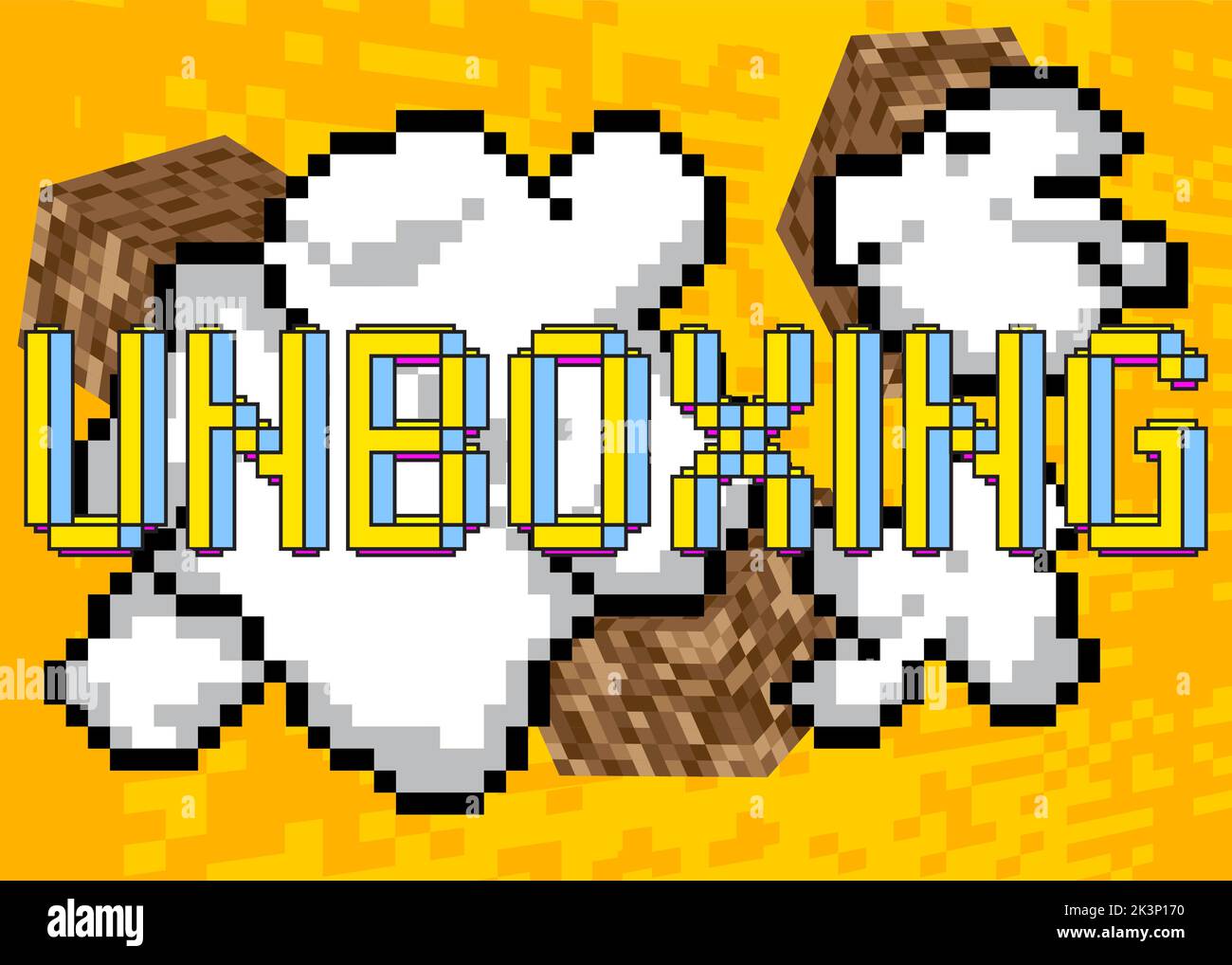 Unboxing. Pixelated word with geometric graphic background. Vector ...