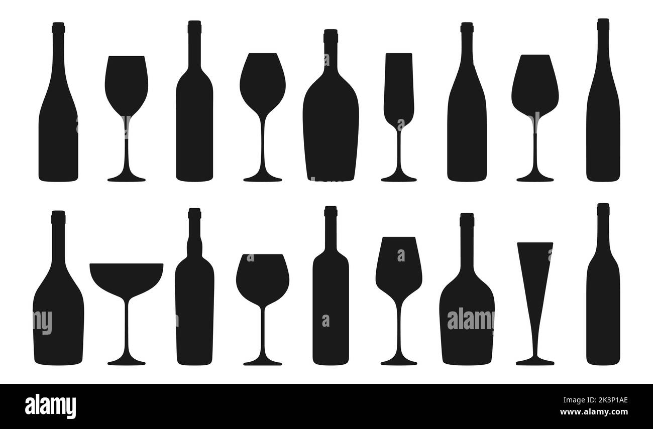 Wineglass and bottle silhouette set. Wine or champagne bottles and ...