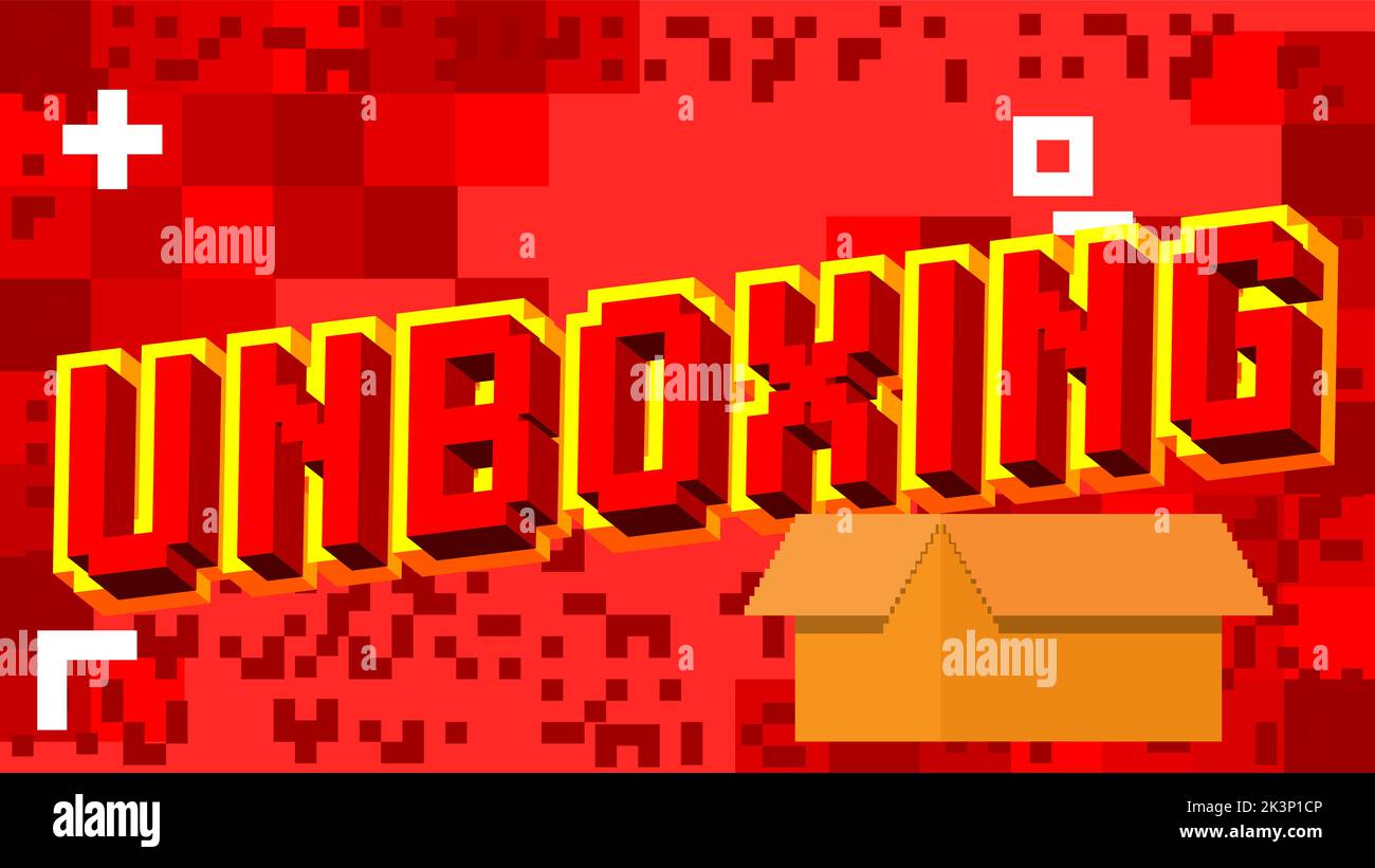 Unboxing. Pixelated word with geometric graphic background. Vector ...