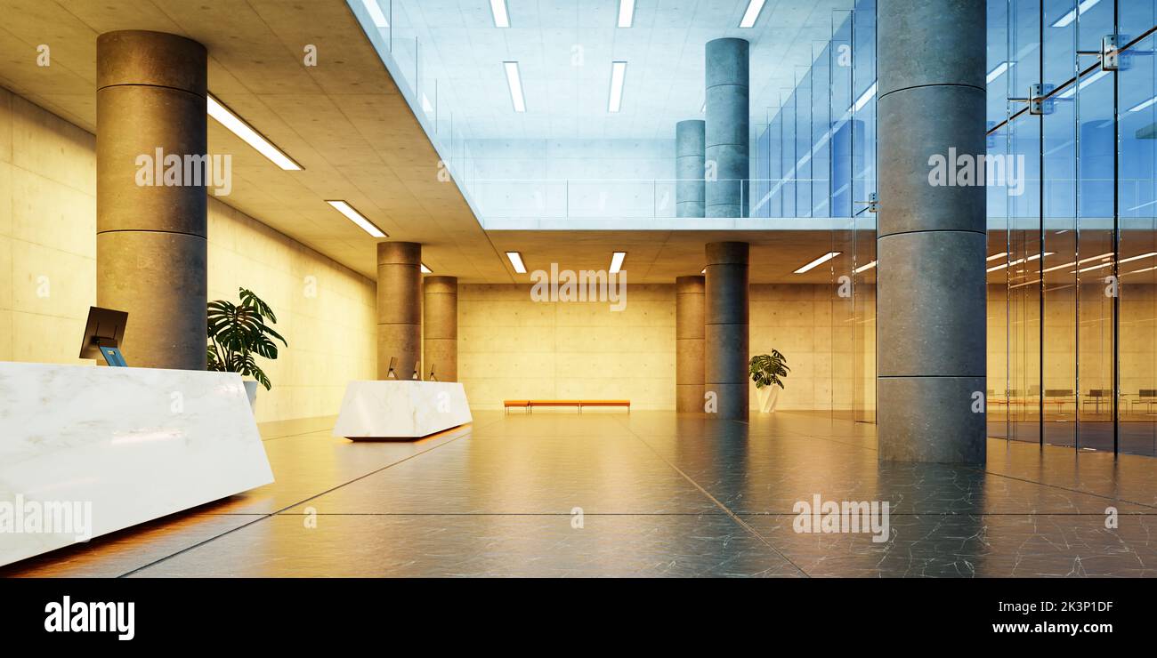 Modern glass wall commercial buildings reception lobby hall. Realistic ...