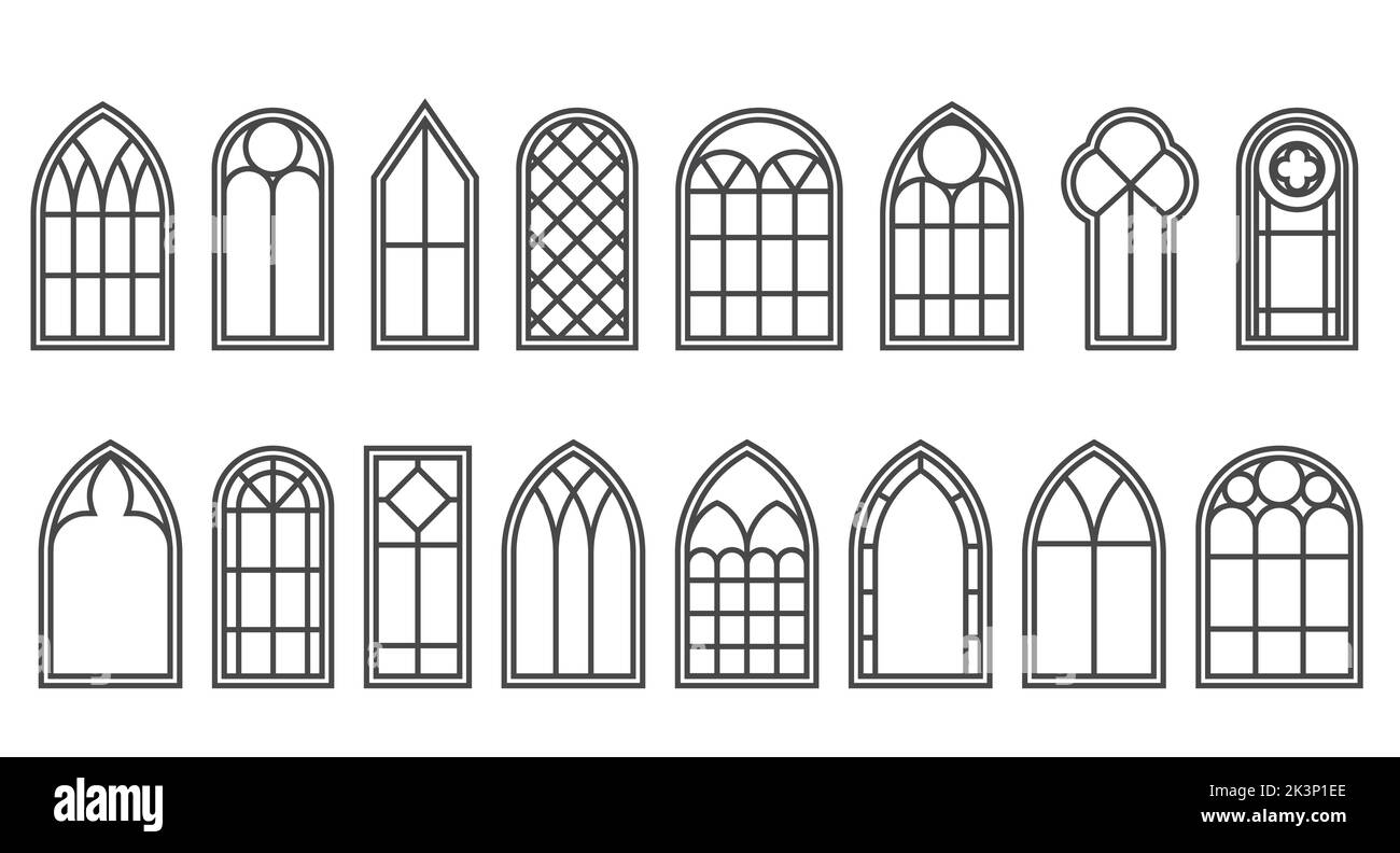 Gothic windows outline set. Silhouette of vintage stained glass church ...