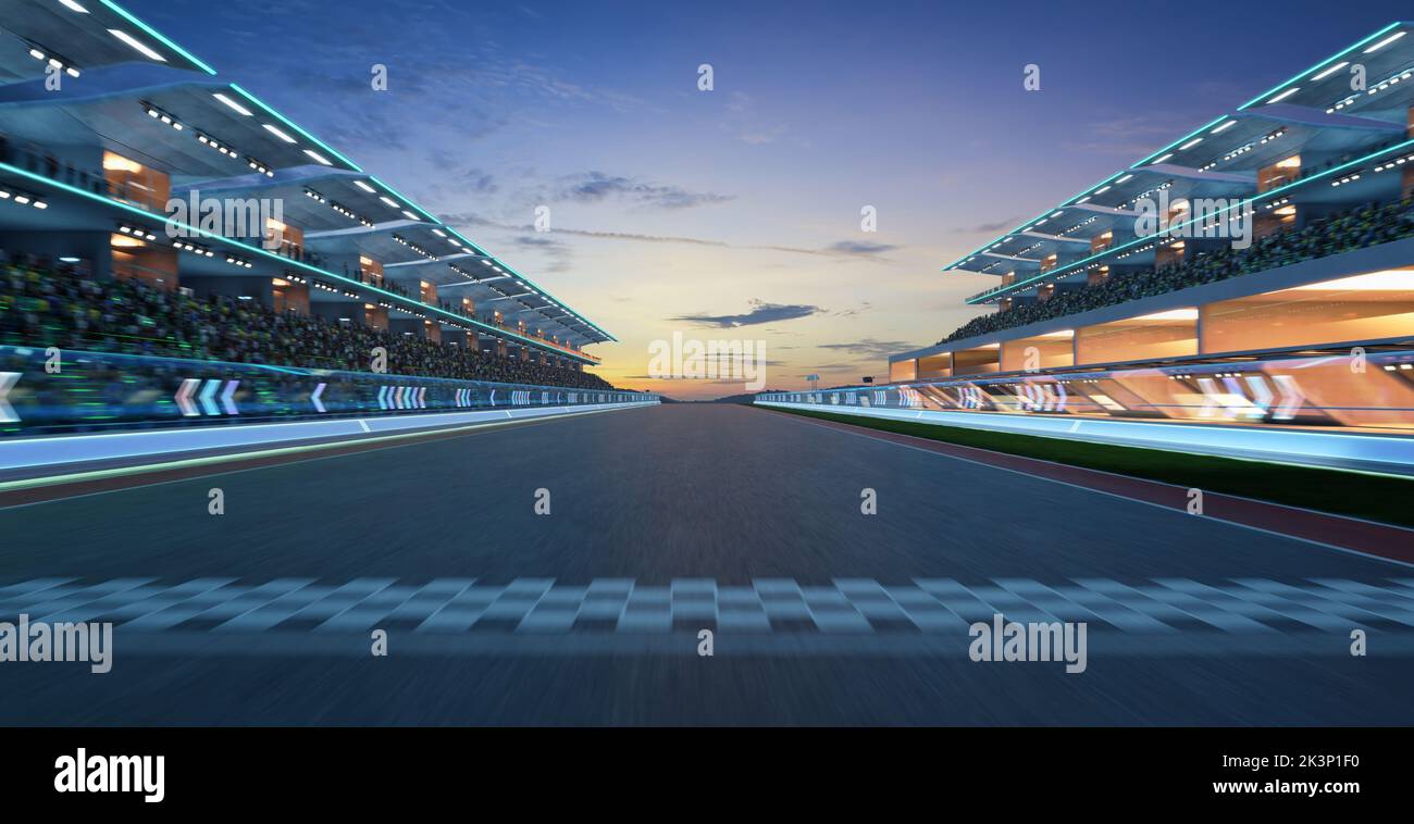 Moving racetrack with start and finish line and arrow neon light ...