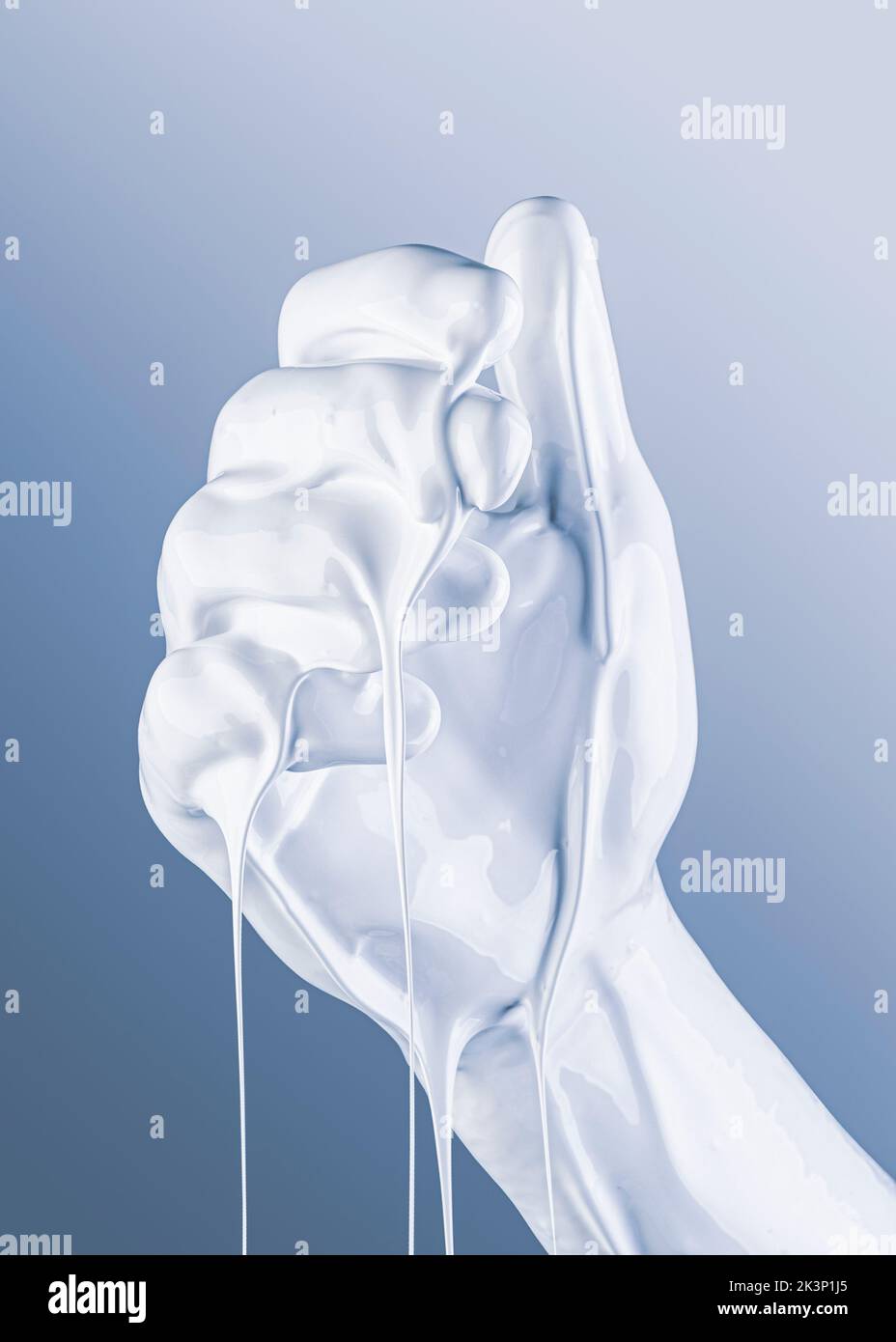 A 3D rendered hand covered in white dripping paint on a blue background ...