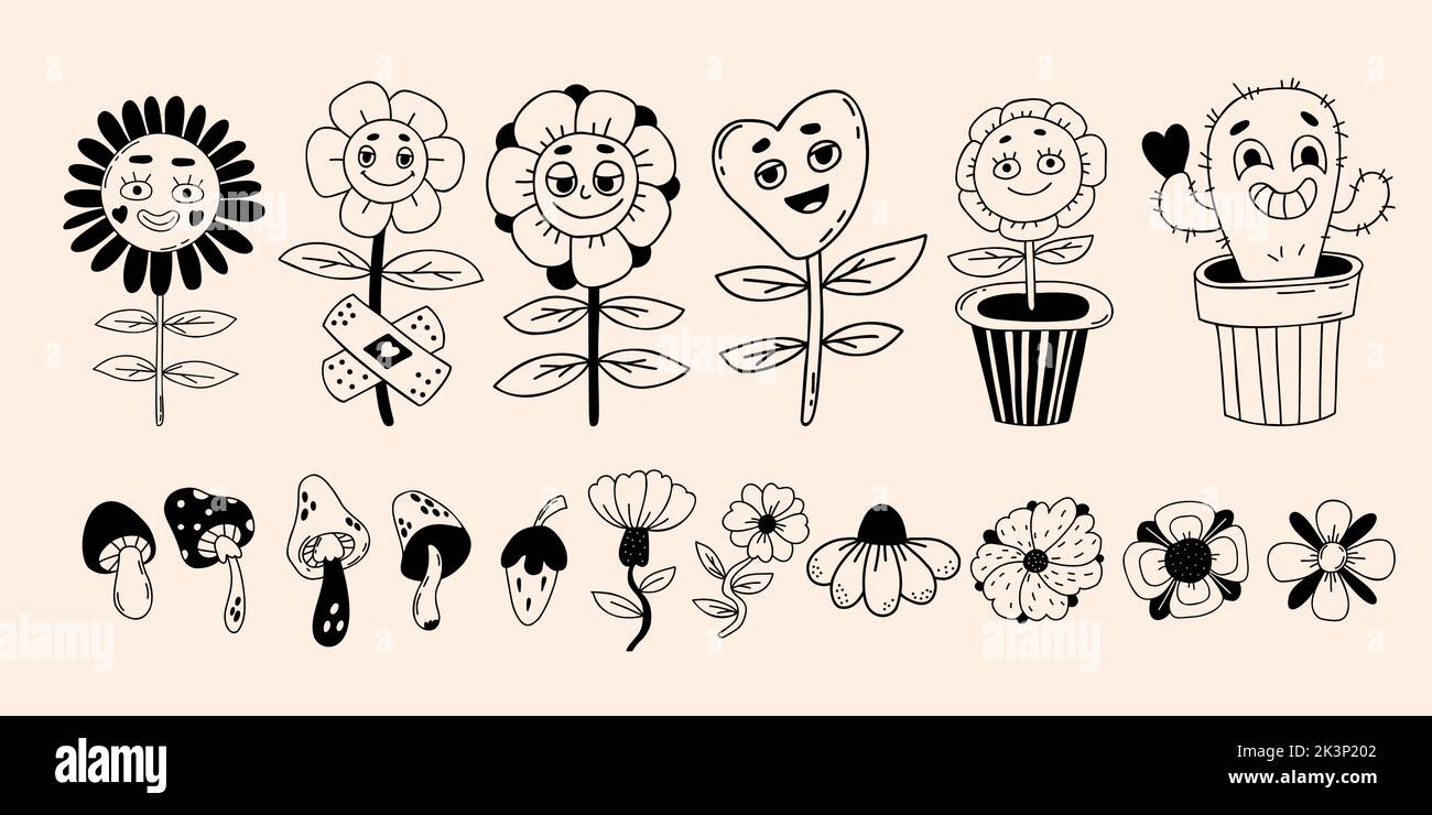 Retro set groovy flowers doodle. Funny cartoon characters with faces ...