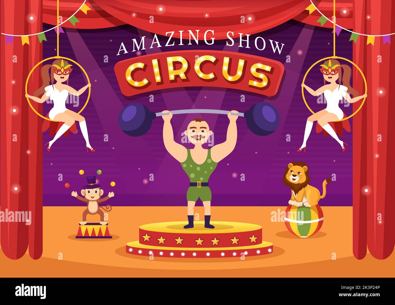 Circus Template Hand Drawn Cartoon Flat Illustration with Show of Gymnast, Magician, Animal Lion ...