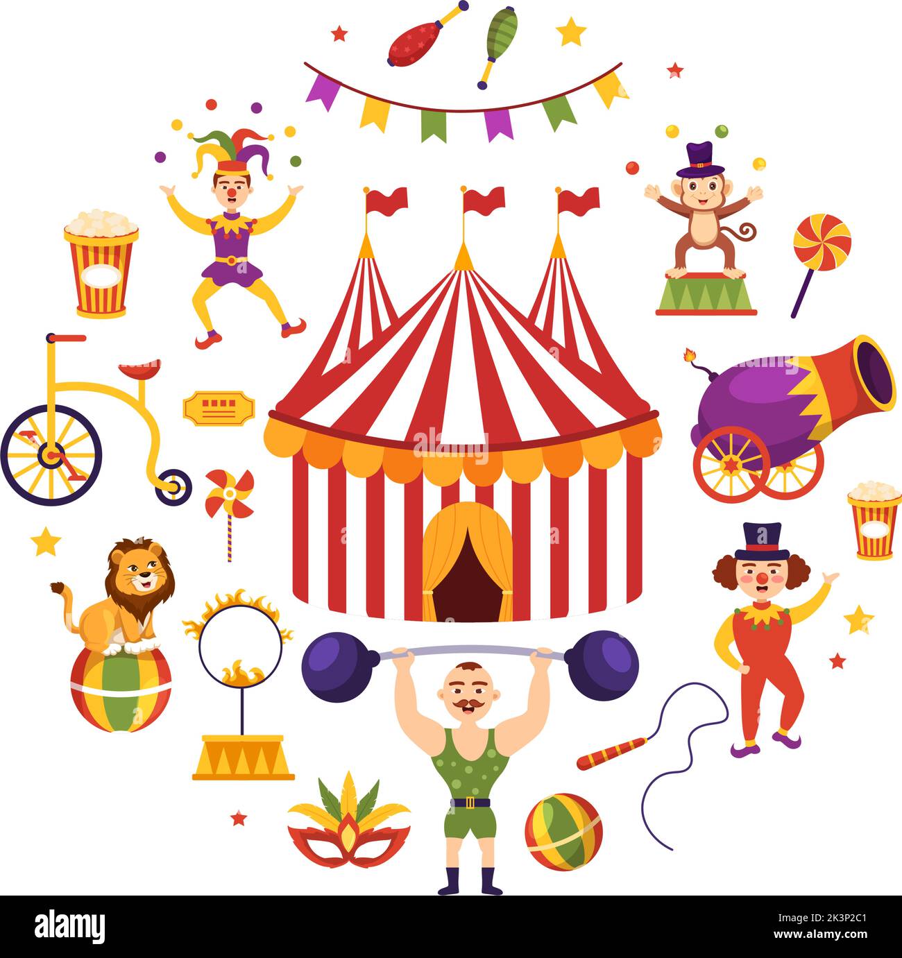 Circus Template Hand Drawn Cartoon Flat Illustration with Show of Gymnast, Magician, Animal Lion ...