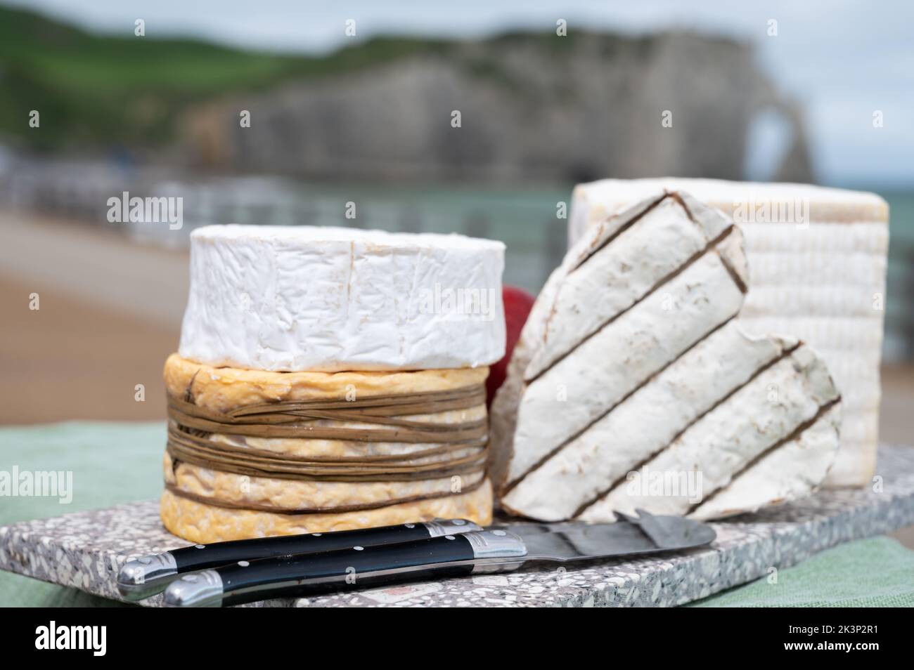 Four famous cheeses of Normandy, squared pont l'eveque, round camembert ...