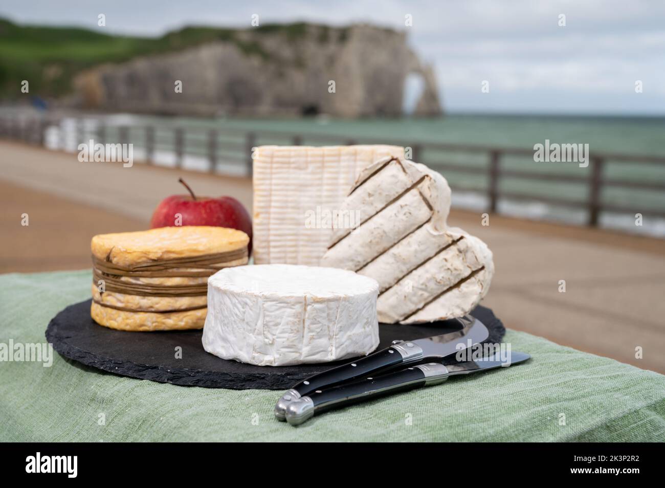Four famous cheeses of Normandy, squared pont l'eveque, round camembert ...