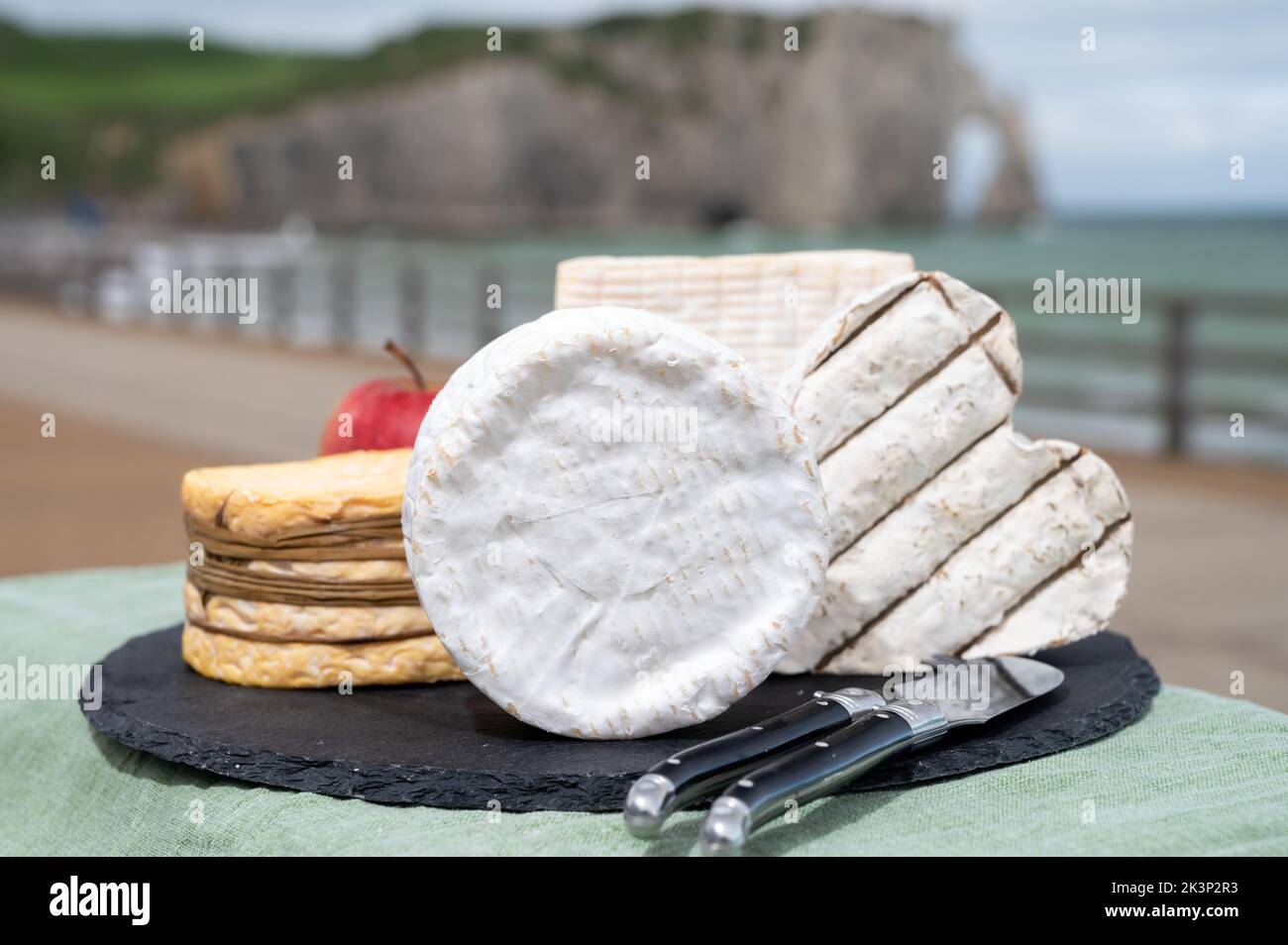 Four famous cheeses of Normandy, squared pont l'eveque, round camembert ...