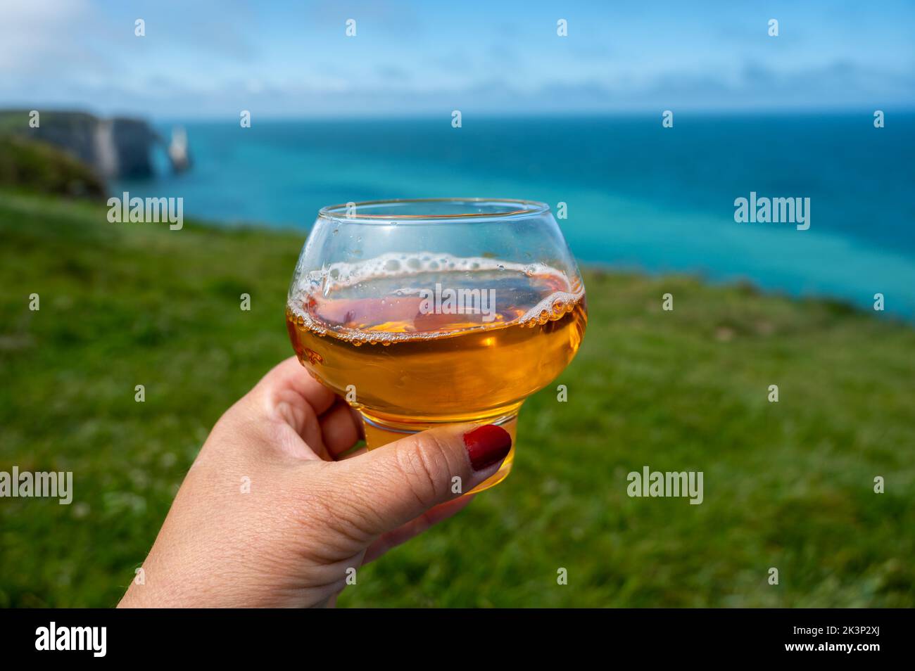 Woman's hand with glass of apple cider drink and view on on green grass ...