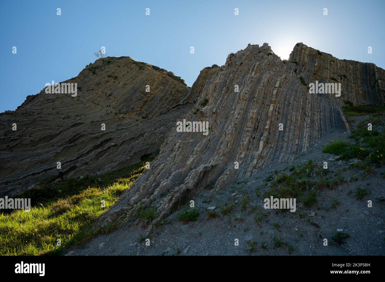 View on steeply-tilted layers of flysch geological formation on ...
