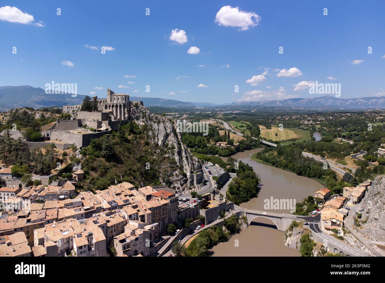 View on historical city Sisteron with river Durance, gates to Provence ...