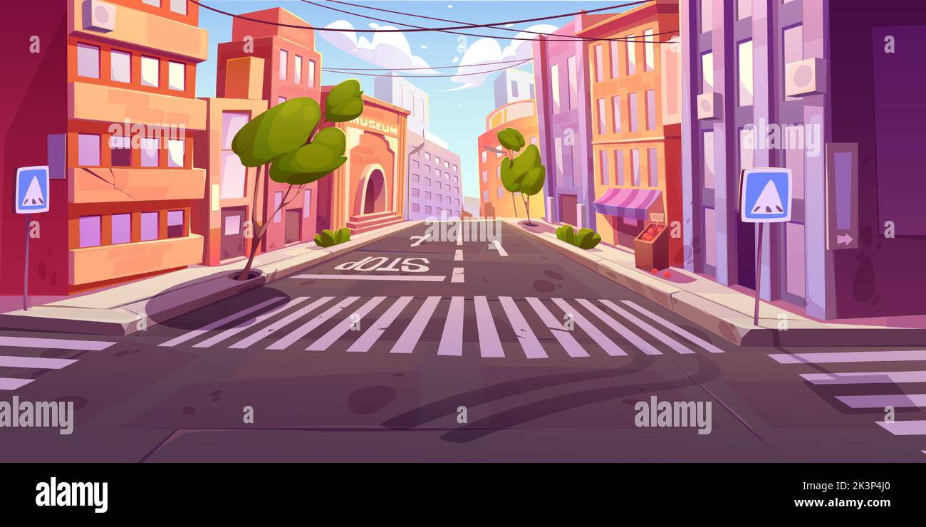 City crossroad, empty transport intersection with zebra crossing ...