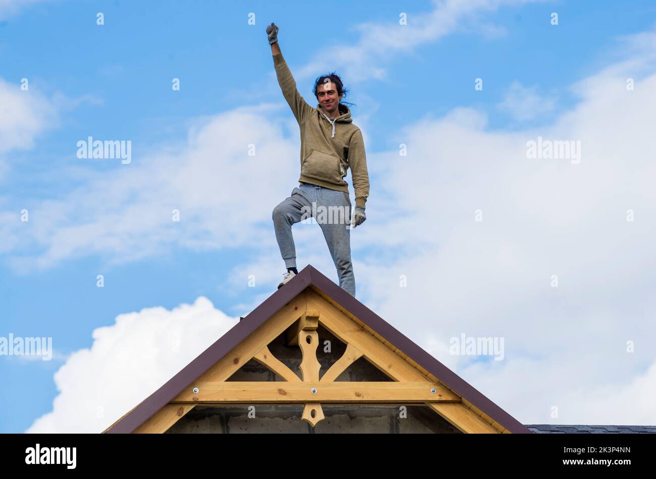 three Roofer man roof carpenter working Country house renovation ...
