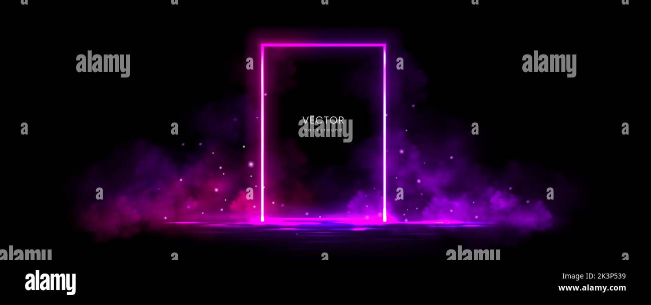 Neon rectangle frame with smoke on water surface. Rectangular glowing ...