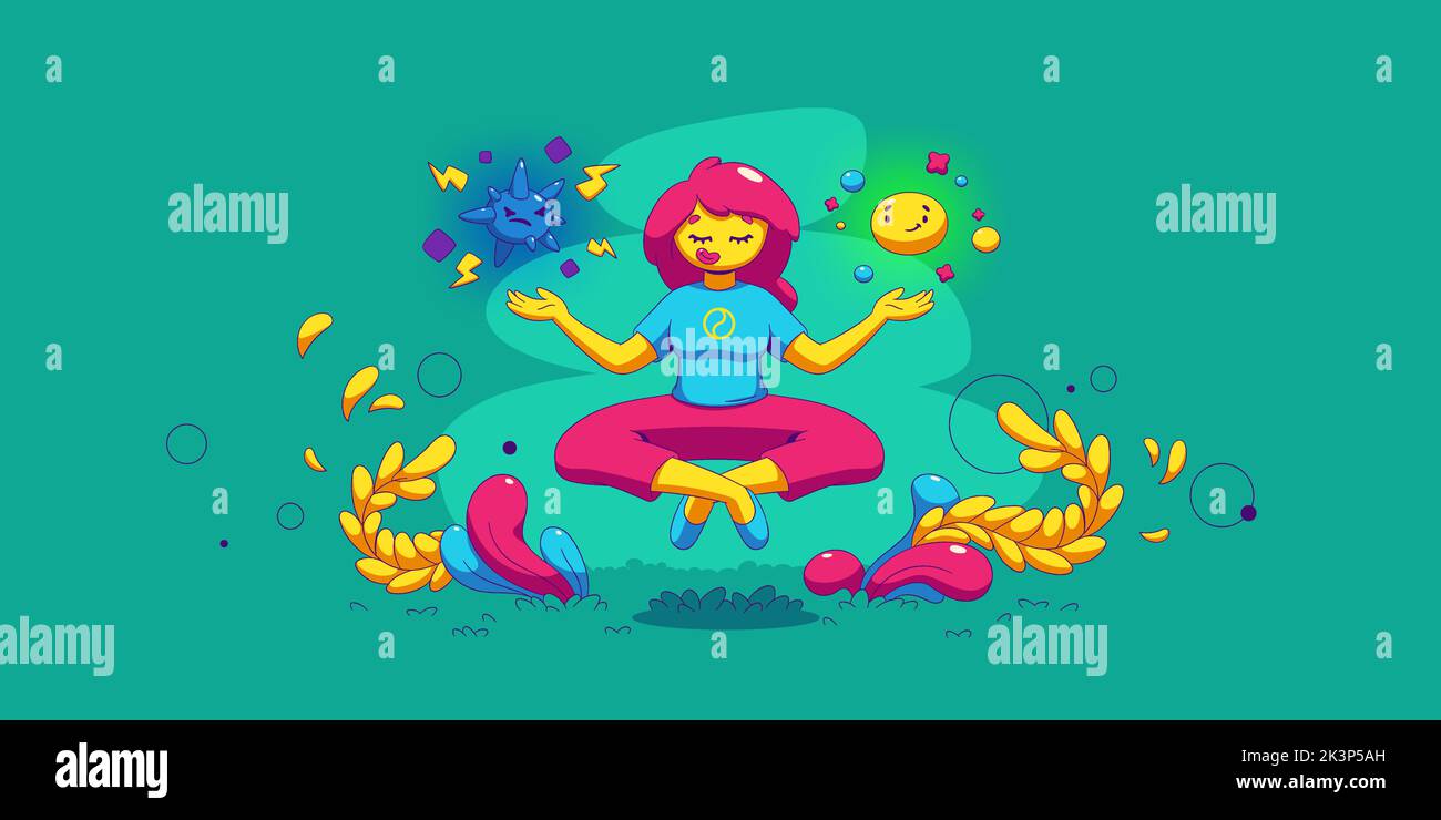Emotional balance concept. Woman meditate floating in lotus posture ...