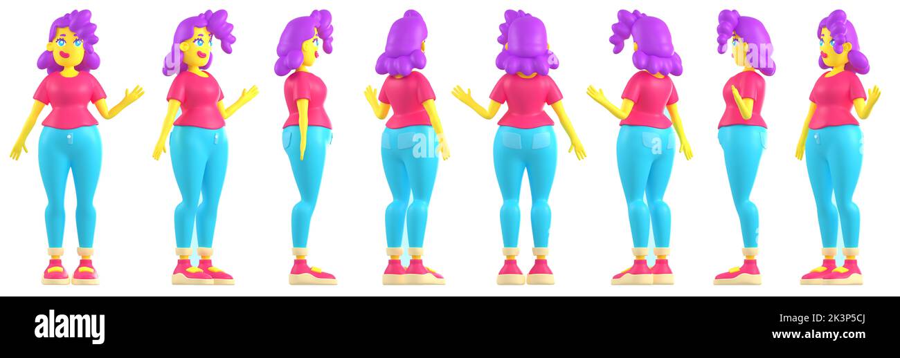 Young woman character in different angles view. Portrait of happy girl ...