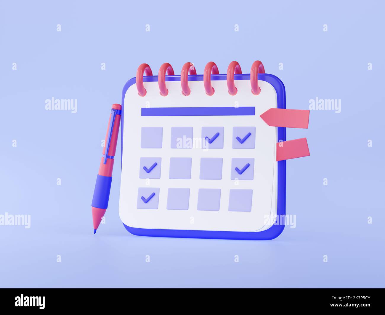 3D illustration of diary calendar with checkmarks and pen. Business ...