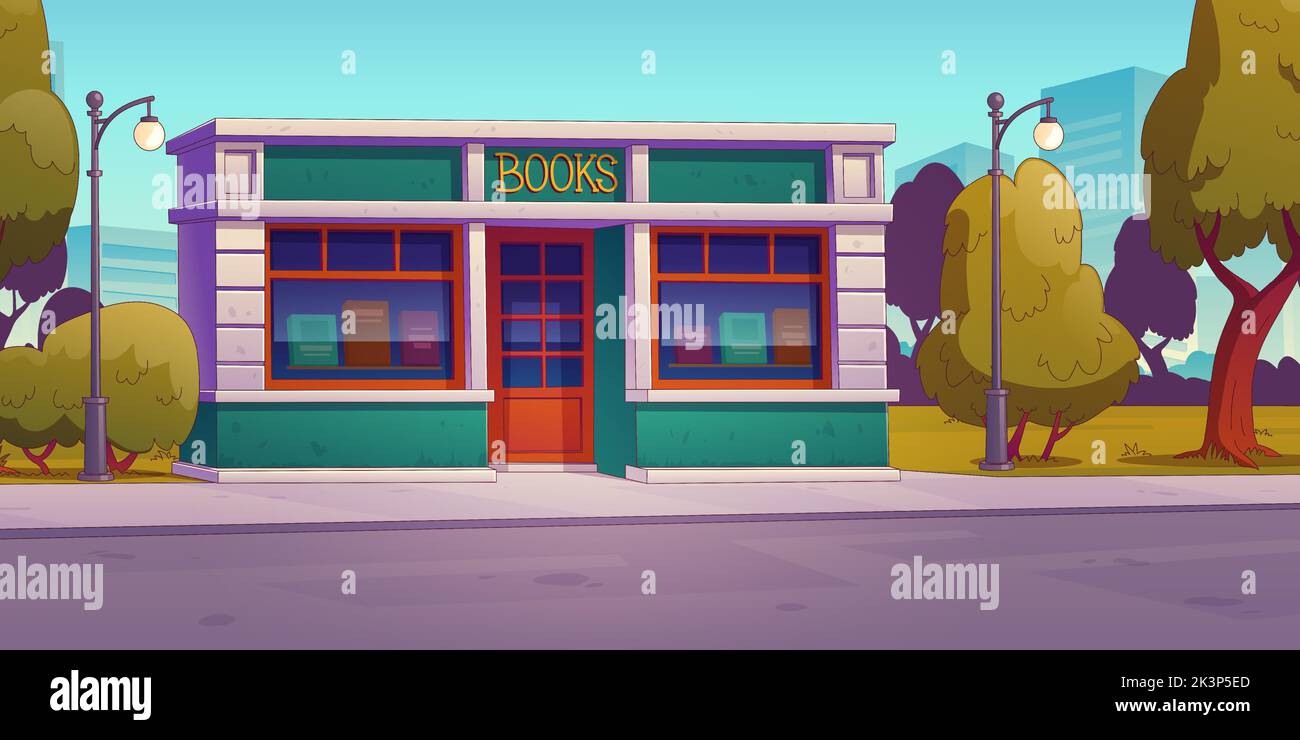 Books store building on city street. Summer urban landscape with ...