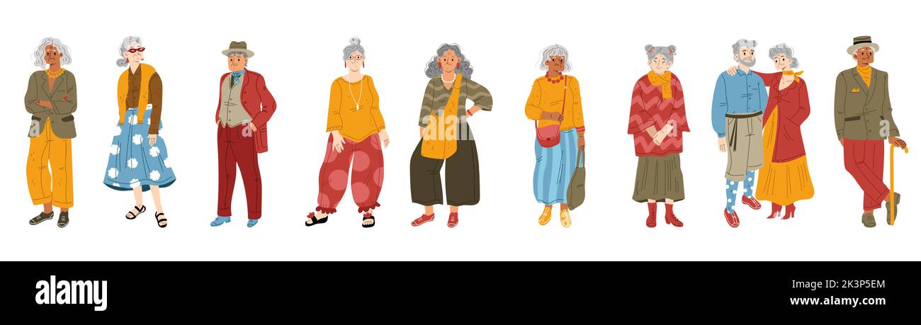 Modern old people, senior adult women and men in fashion clothes. Happy ...