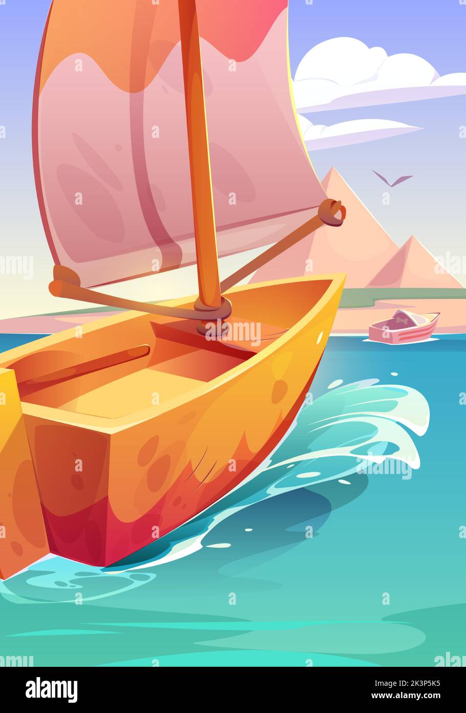 Sail boat in red sea with view to sand beach and ancient Egyptian ...