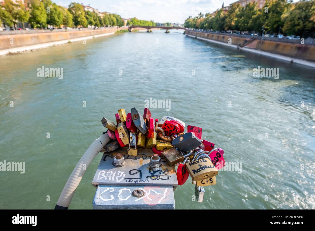 Streets of Verona, Veneto, Italy. Eternal love padlocks on a bridge ...