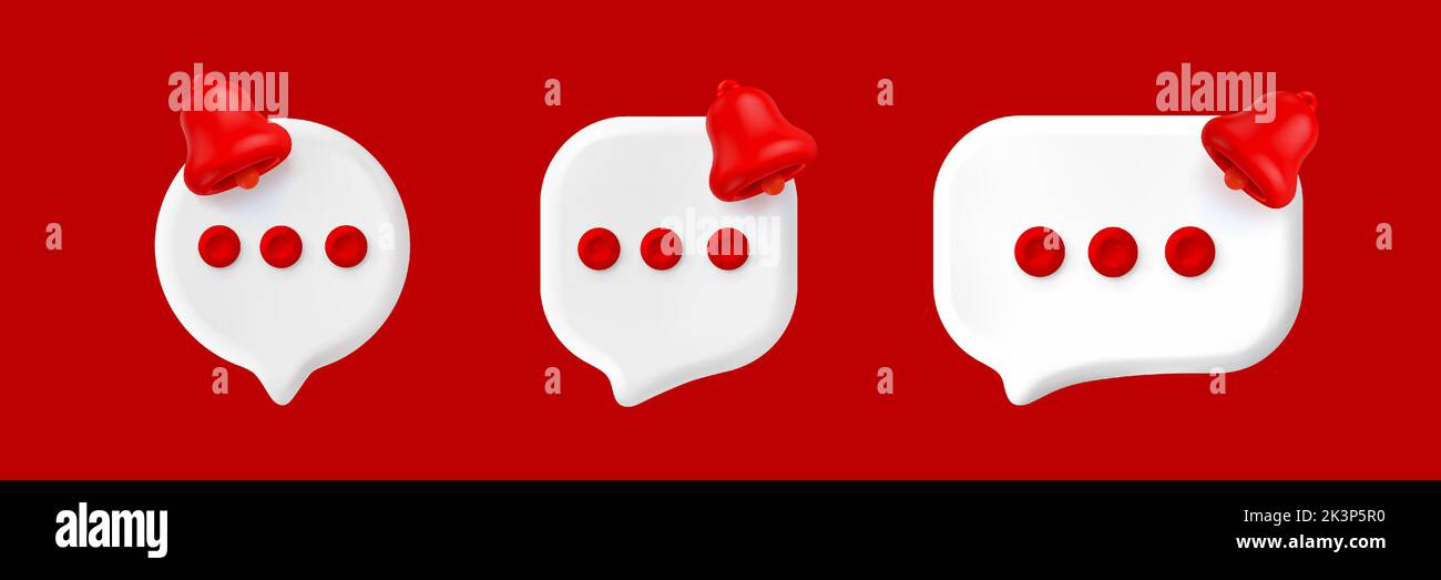 Notification popups with red bell icons 3D set isolated on background ...