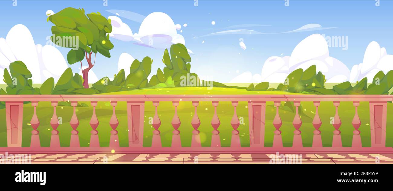 Home terrace with marble baluster and nature landscape view. Patio or ...