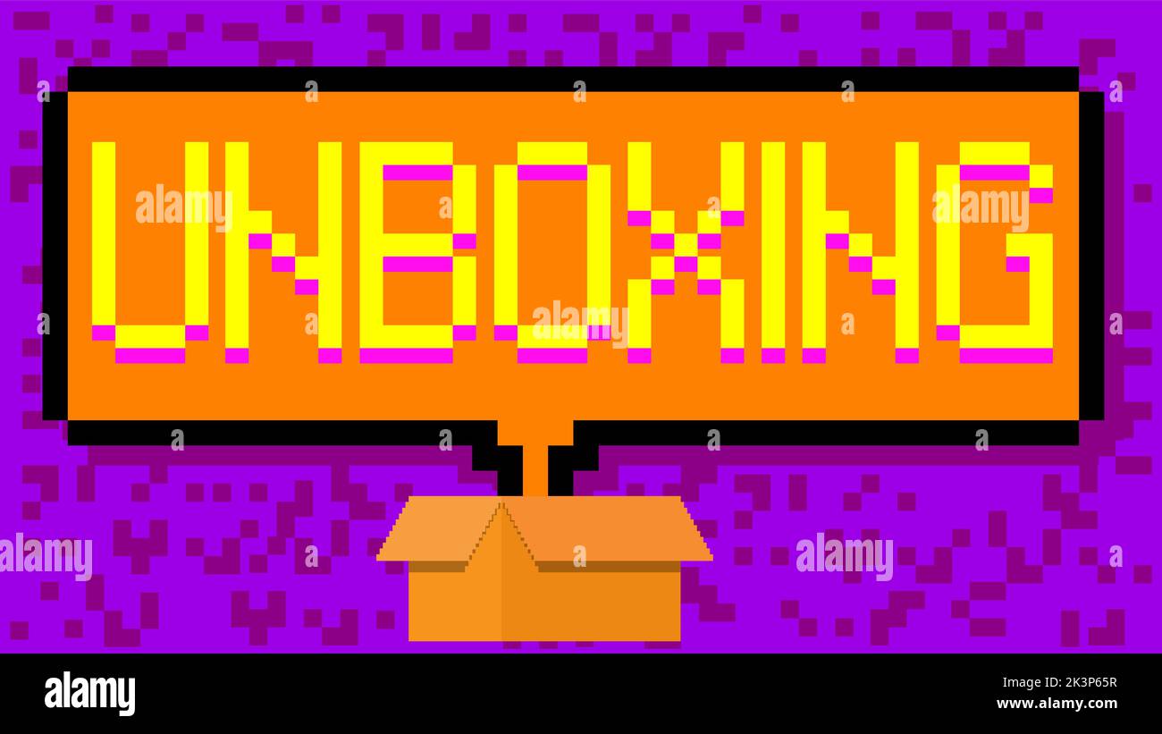 Unboxing. Pixelated word with geometric graphic background. Vector ...