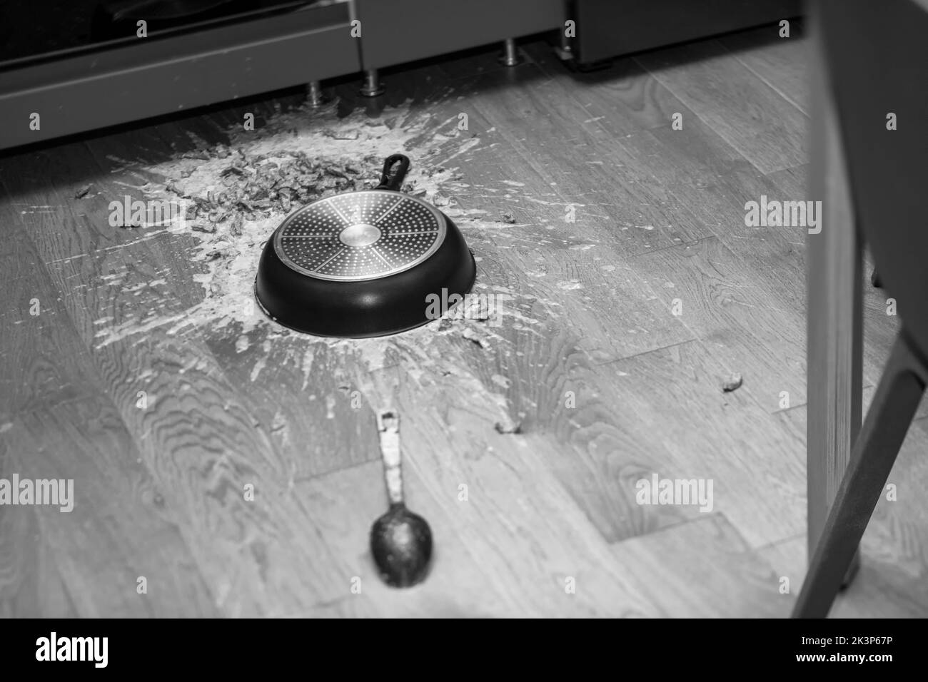 an accident in a kitchen, a turned over pan with cooked dish, in black ...