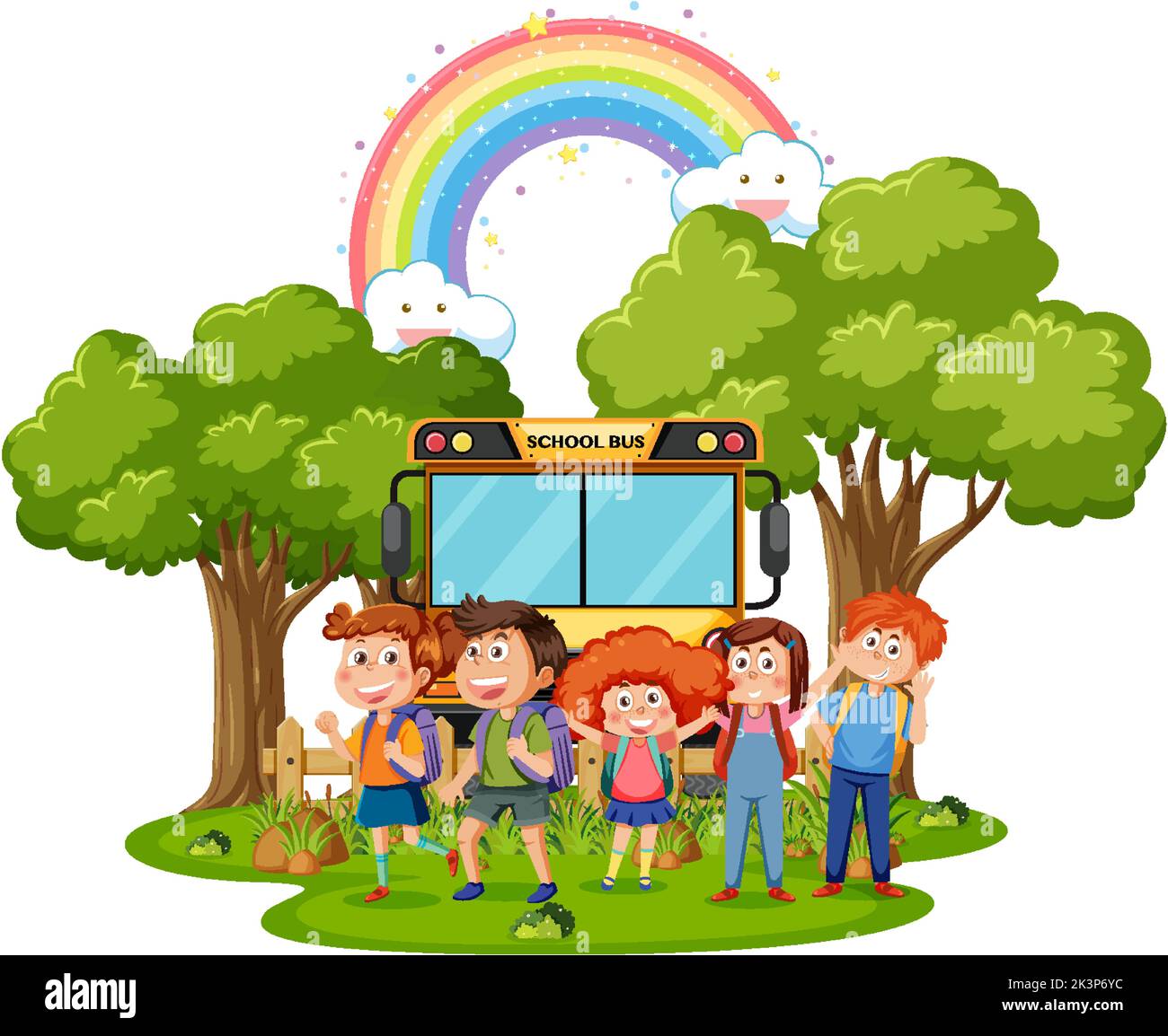Children with school bus in cartoon style illustration Stock Vector ...