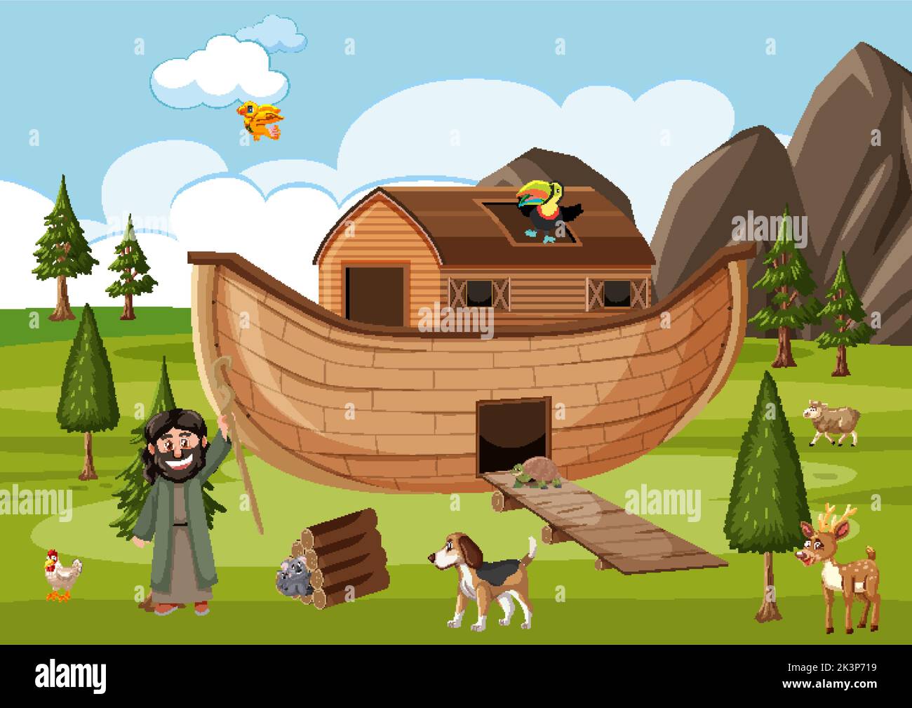Noah's Ark with wild animals in nature scene illustration Stock Vector ...