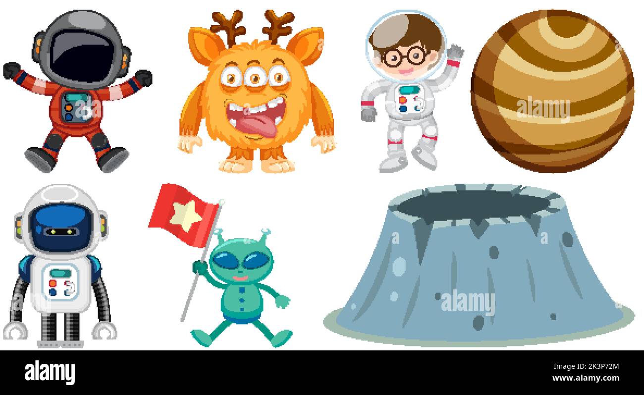Set of space cartoon characters and objects illustration Stock Vector ...