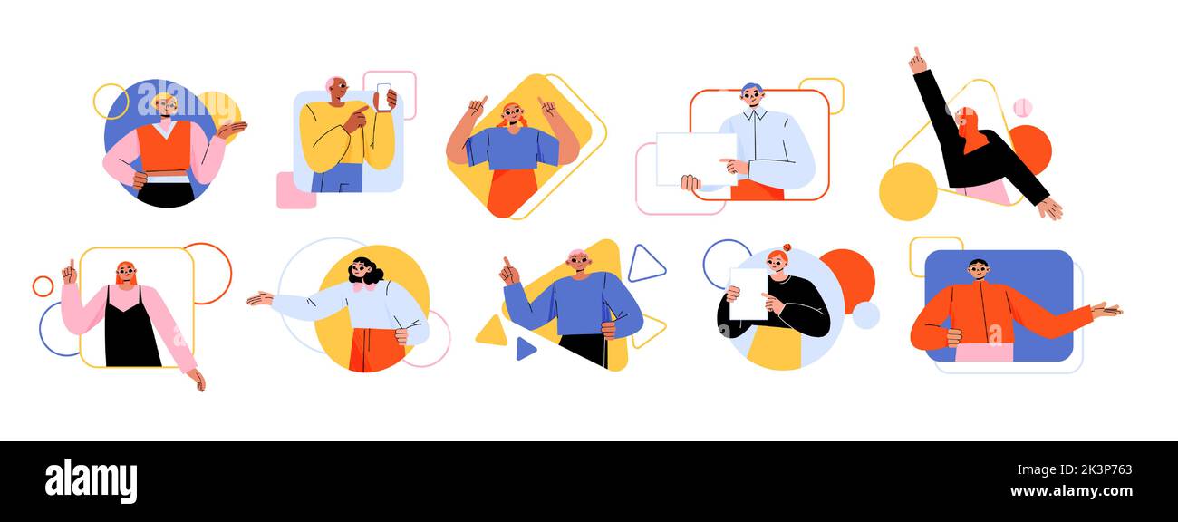 Set of pointing people avatars in geometric figures. Characters point ...
