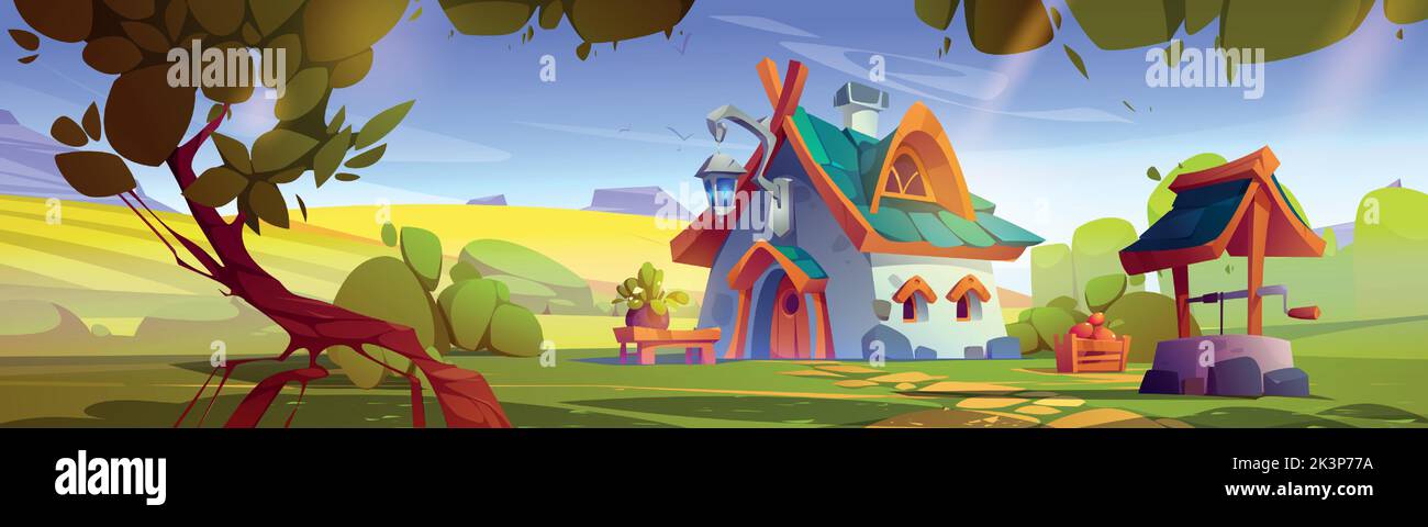 Cartoon fairy tale house against green landscape background. Vector ...