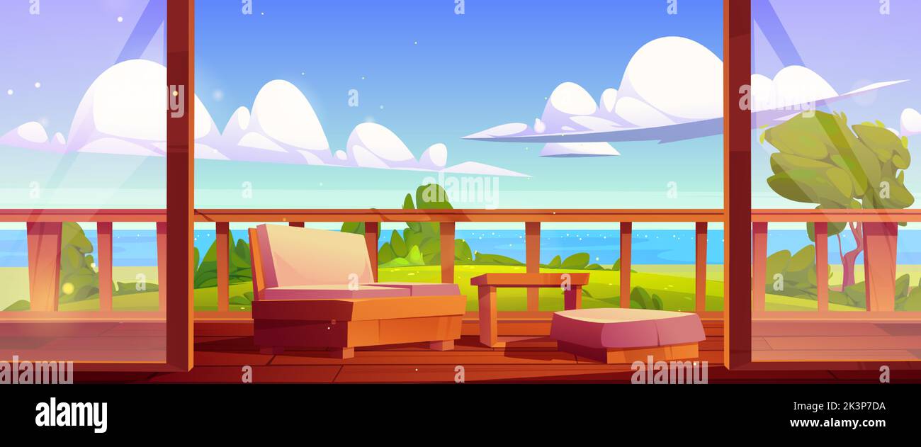 Wooden house terrace on sea shore with green grass and trees. Summer ...