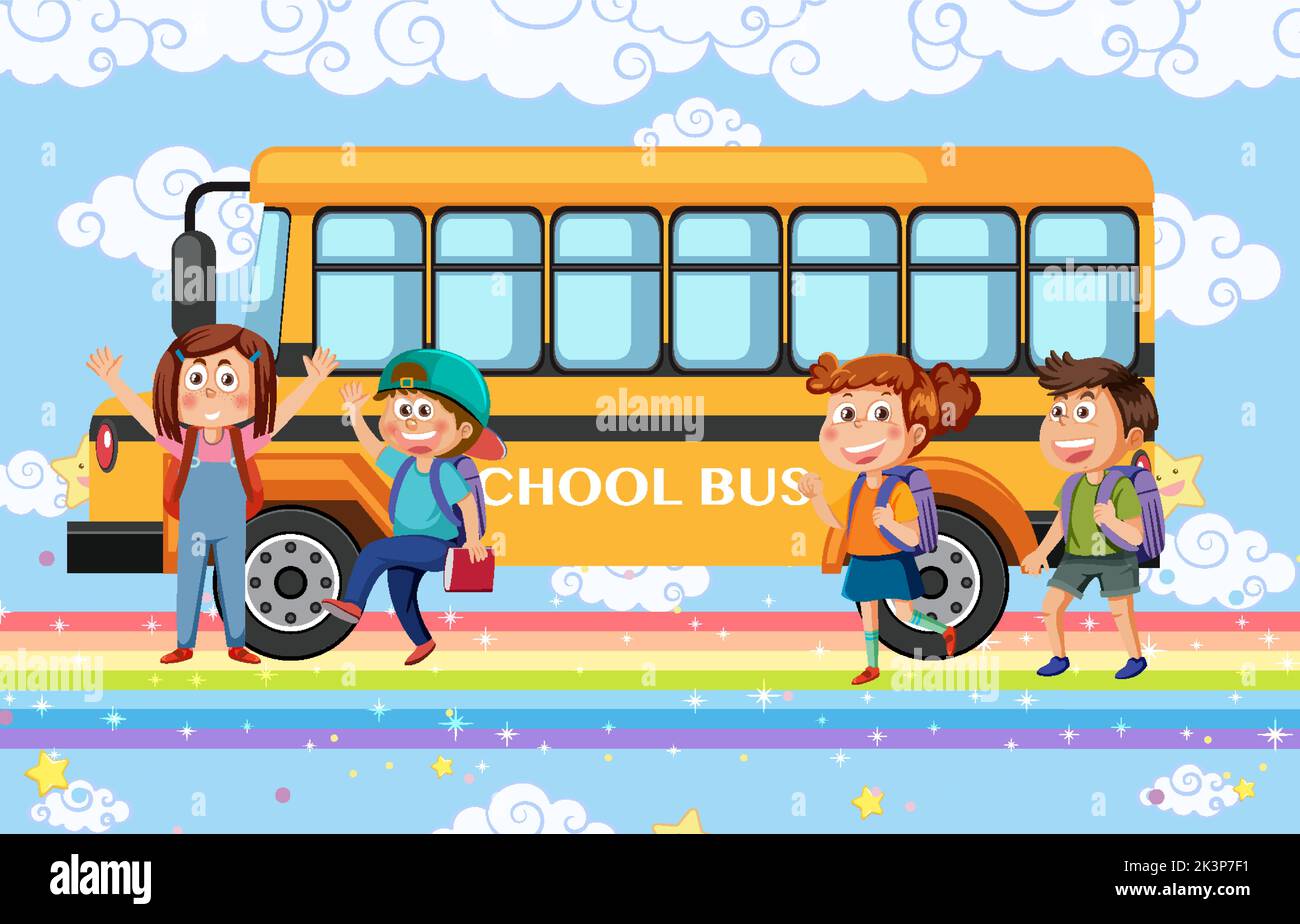 School bus children with rainbow illustration Stock Vector Image & Art ...