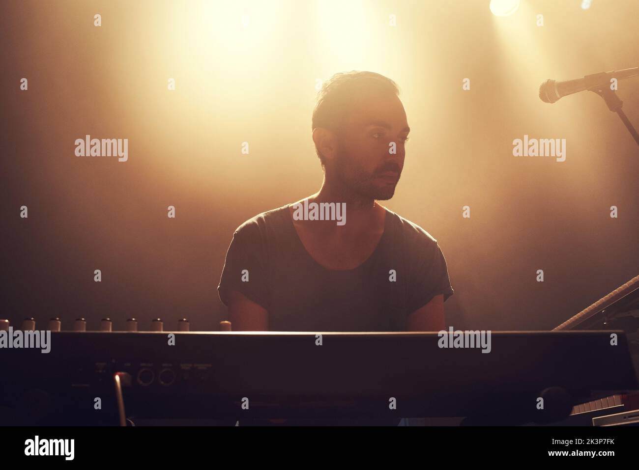 Make the synth sing. A musician playing on a keyboard at a concert ...