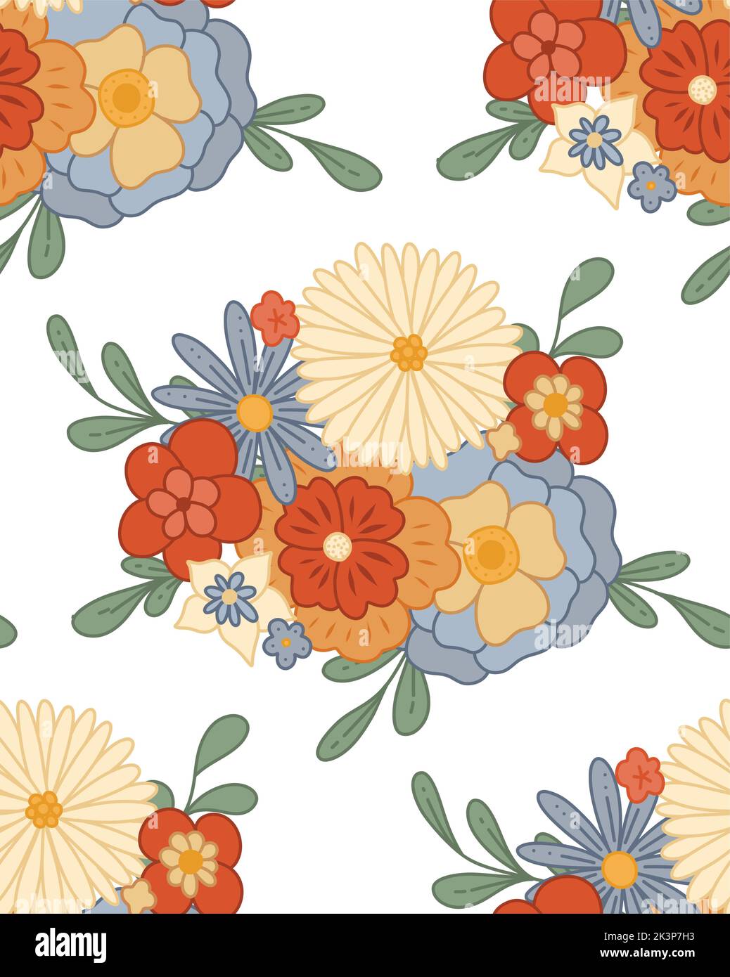 Vector seamless retro pattern with bunch of flowers. Ditsy hippie ...