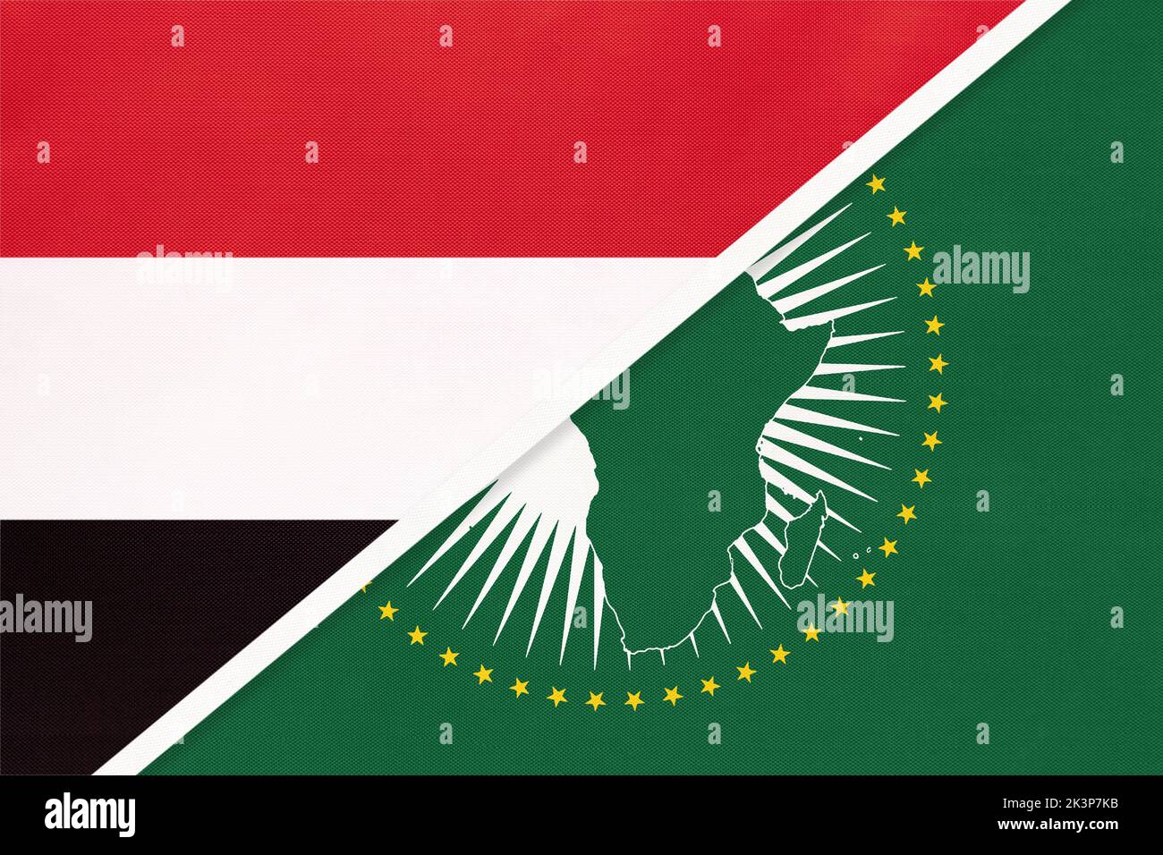 African Union and Yemen, national flag from textile. Africa continent ...