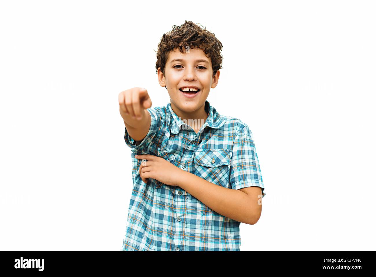 Smiling little boy in shirt pointing finger on you - isolated on white ...