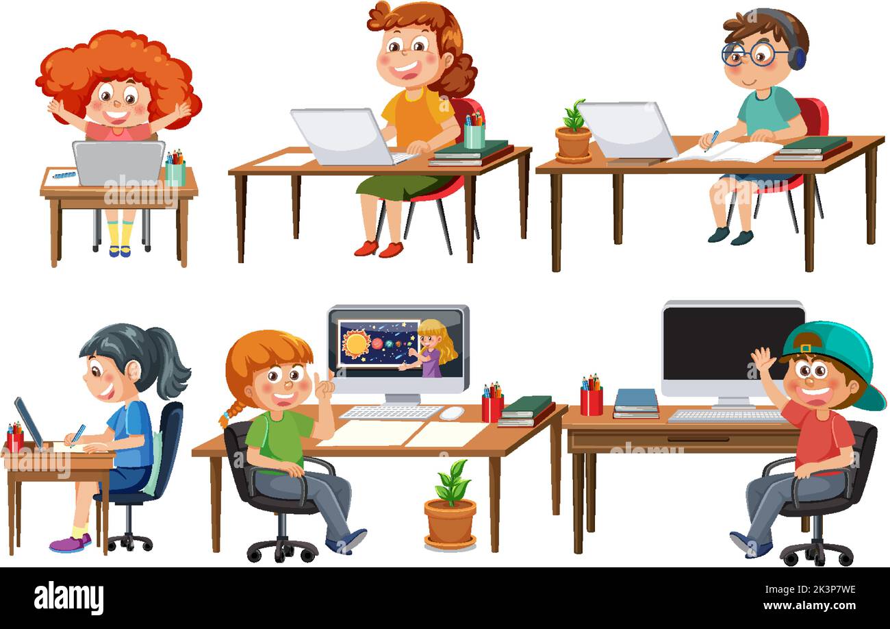 Set of different kids doing homework illustration Stock Vector Image ...