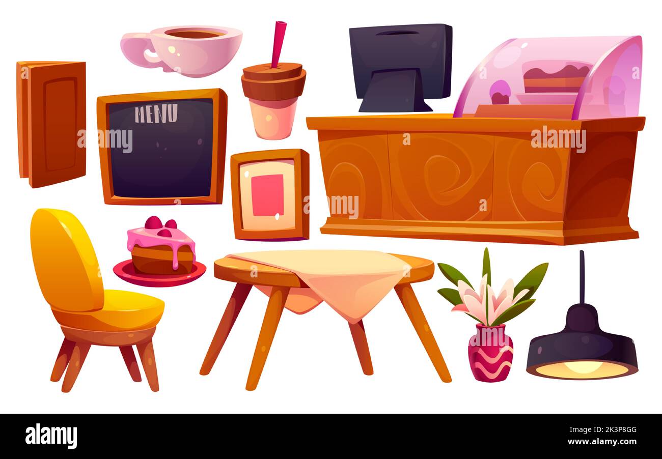 Cartoon set of cafe interior elements isolated on white background ...