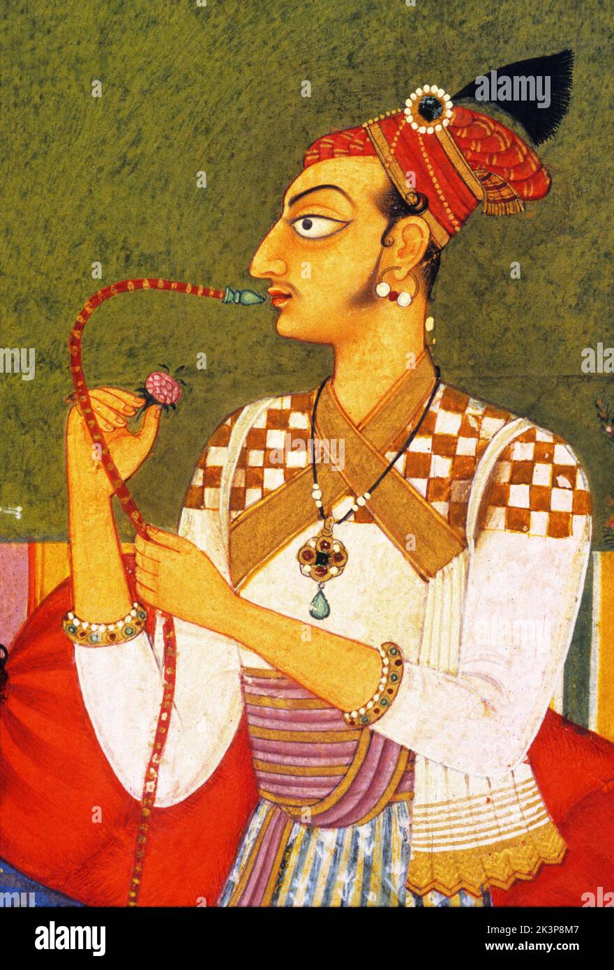 India: Basohli, Circa 1685, Raja Medini Pal smoking hookah, Detail ...