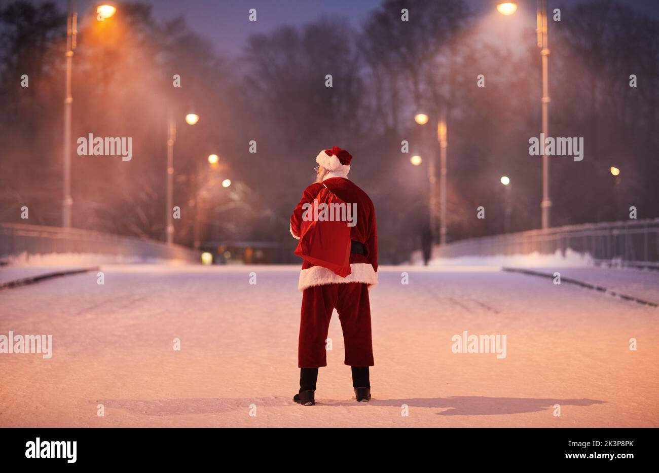 Back view of traditional Santa Claus standing in city street at night ...
