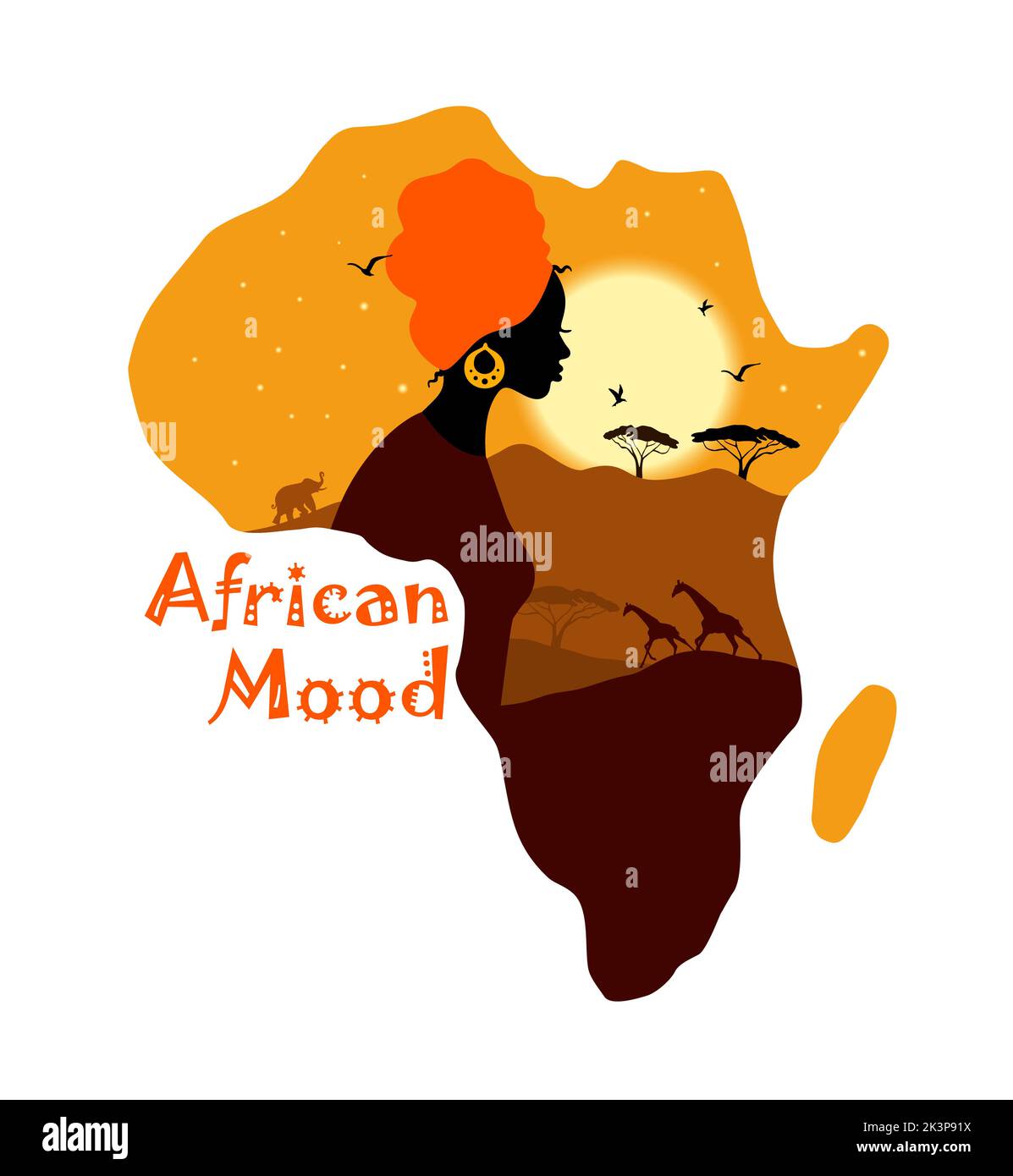 Tropical landscape in african map with beautiful woman from Africa in ...