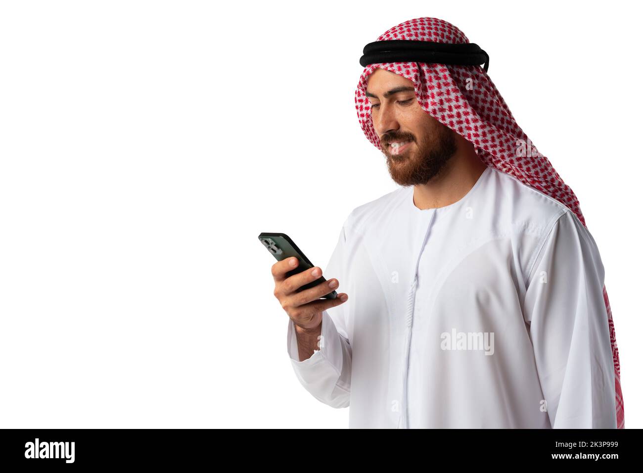 Young Arab businessman using smartphone isolated on white background ...
