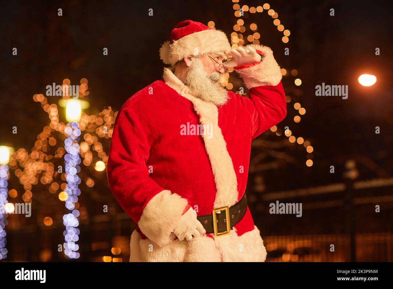 Side view portrait of traditional Santa Claus looking around in night ...