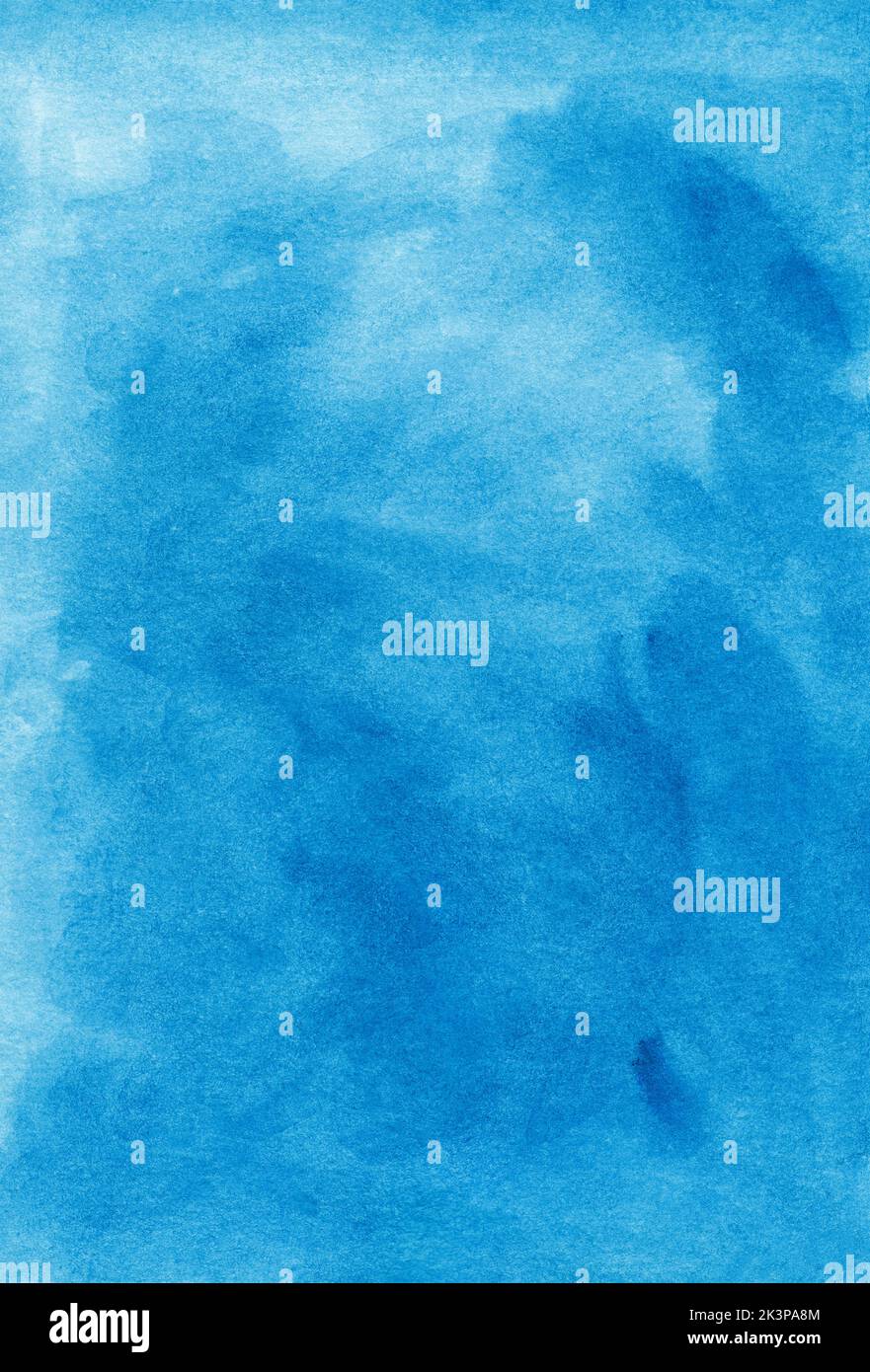 Watercolor watery calm blue background painting. Sky blue stains on ...